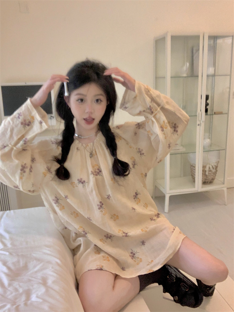 린넨 플라워 원피스 셔링 라운드 넥 컷 아웃 오프 숄더 롱 슬리브 얇은 긴팔 루즈 오버 핏 미니 숏 짧은 미디 스커트 치마
