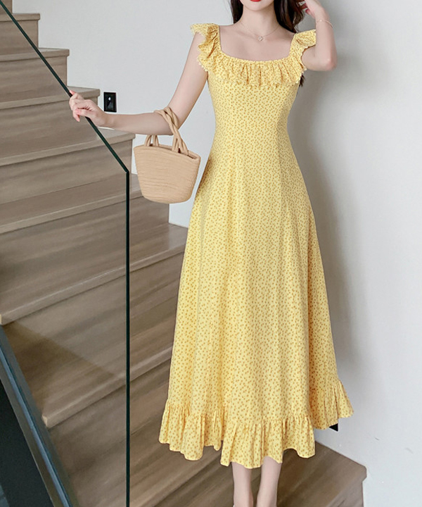 샤랄라 옐로우 원피스 스퀘어카라 끈나시 민소매 슬리브리스 프릴 스림핏 허리잘록 플라워 A라인 롱원피스 잔꽃무늬 러블리 사랑스러운 발랄한 신혼 해외 동남아 여행룩 휴가