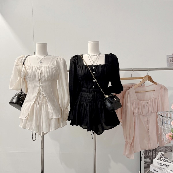 이프유마인 세트가격페미닌 여름 청순 여신 스퀘어넥 쉬폰 시스루 벌룬 퍼프 프릴 셔링 블라우스 밴딩 A라인 플레어 플리츠