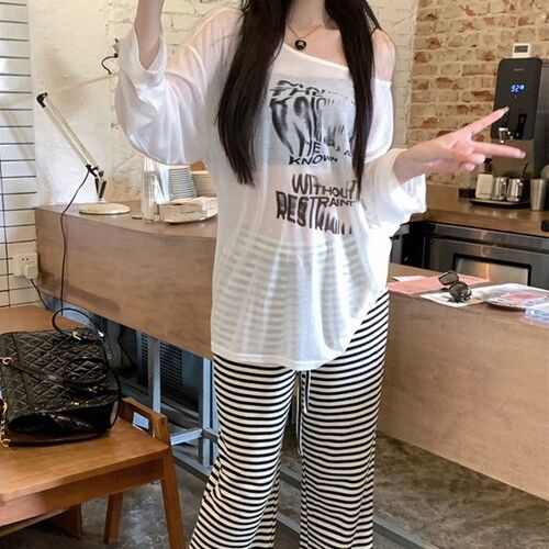 홀리핫 코디세트루즈핏 프린팅 티셔츠밴딩 와이드 스트라이프 팬츠 세트 하객투피스 하객룩 반바지투피스 니트스커트세트 여성투피스 여자