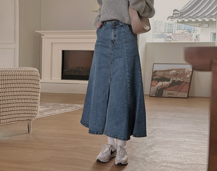리리앤코 무료배송 홀리피 히든밴딩 플레어 데님 롱 스커트 가을 신상 가을룩 데일리룩 여행룩 공항룩 데이트룩 캐주얼룩 캠퍼스룩 러블리룩 유니크룩 밴딩스커트 트임스커트
