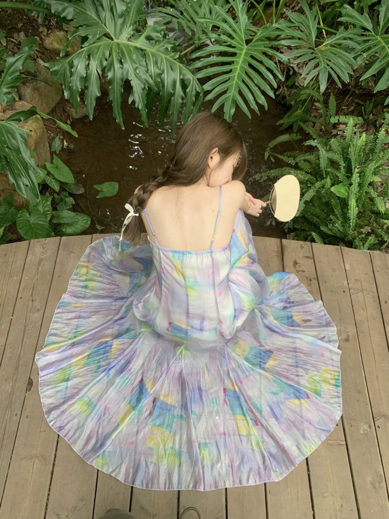 블롱뮤 쉬폰 그라데이션 원피스 라운드 스퀘어 넥 슬리브리스 나시 슬림 여리 하늘하늘 청순 여리 A 라인 롱 미디 플레어 스커트 치마 드레스 유니크 수채화 페미닌 오간자