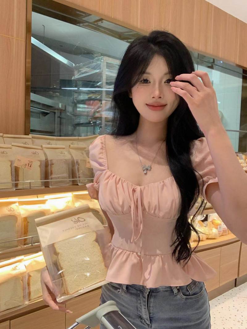 소프트 핑크 블라우스 스퀘어 넥 셔링 리본 반팔 하프 소매 오프 숄더 탑 프릴 러플 크롭 미니 숏 인디 딸기 우유 컬러