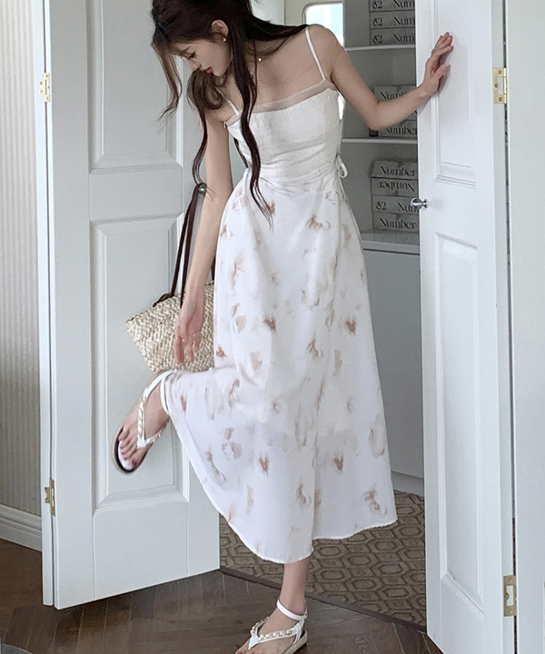 포앤바이앤 끈나시 샤 패치 하이웨스트 A라인 훌스커트 뷔스티에 플라워 롱 원피스 여름 긴원피스 은은한 분위기있는 꽃무늬 생일 파티룩 브라이덜샤워 셀프웨딩 드레스