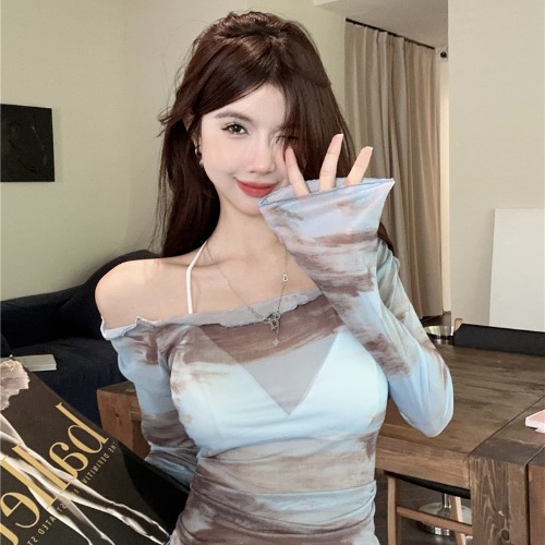 블롱뮤 스카이 나염 시스루 탑 오프 숄더 스퀘어 넥 여름 얇은 긴팔 롱 슬리브 슬림 여리 섹시 핏 캐주얼 유니크 빈티지 힙한 스트릿 크롭 미니 숏 티셔츠 탑 캐주얼