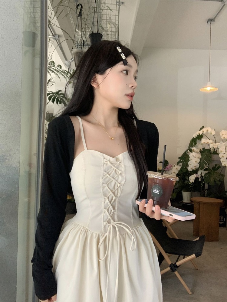 레이스 화이트 원피스블랙 볼레로 Set 슬리브리스 나시 스퀘어 넥 타이 업 코르셋 리본 슬림 핏 몸매 보정 A 라인 롱 미디 스커트 치마 드레스크롭 미니 숏 가디건