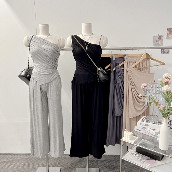 이프유마인 나시팬츠set페미닌 여름 아테네 여신 크롭 오프숄더 언발 셔링 드레이프 슬립 뷔스티에 나시 밴딩 와이드 슬랙스 팬츠 투피스 트레이닝 세트 5color