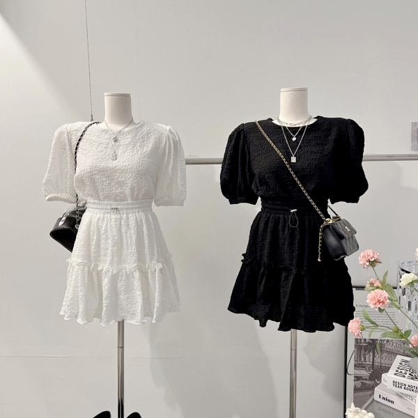 이프유마인 블라우스스커트set페미닌 여름 지짐이 요루 크롭 벌룬 퍼프 반팔 블라우스 스트링 밴딩 A라인 플레어 캉캉 미니 스커트 투피스 세트 2color