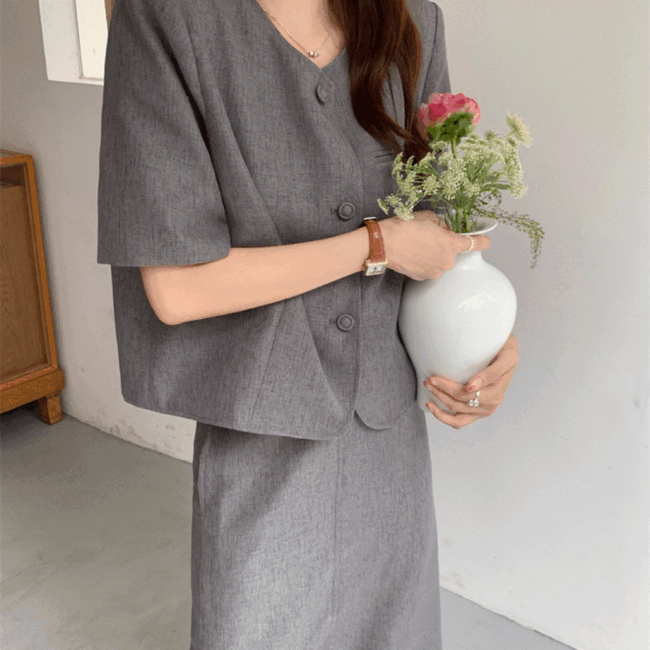 S당일출고 하객룩코디여름투피스세트상품 그레이 라운드넥 반팔자켓 여성 정장자켓 H라인 롱스커트 정장치마 미디 롱치마 세미오피스 캐주얼 오피스룩 결혼식 소개팅 데이트룩 정장셋업