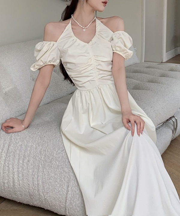 포앤바이앤 홀터넥 셔링 드레스 홀터넥 셔링 민소매 주름 슬림핏 하이웨스트 플레어 A라인 롱원피스 화이트 블랙 브라이덜샤워 스몰 셀프 웨딩 2부 결혼식 들러리 피로연