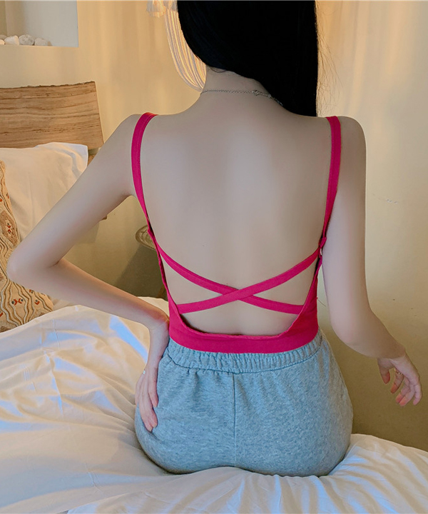 포앤바이앤 ★캡내장 나시★ X 스트랩 캐미솔 끈나시 슬리브리스 백오픈 라운드넥 타이트 슬림핏 크롭 탱크탑 캐미솔 흰색 검정 핫핑크 섹시템 안에입는 레이어드 코디템