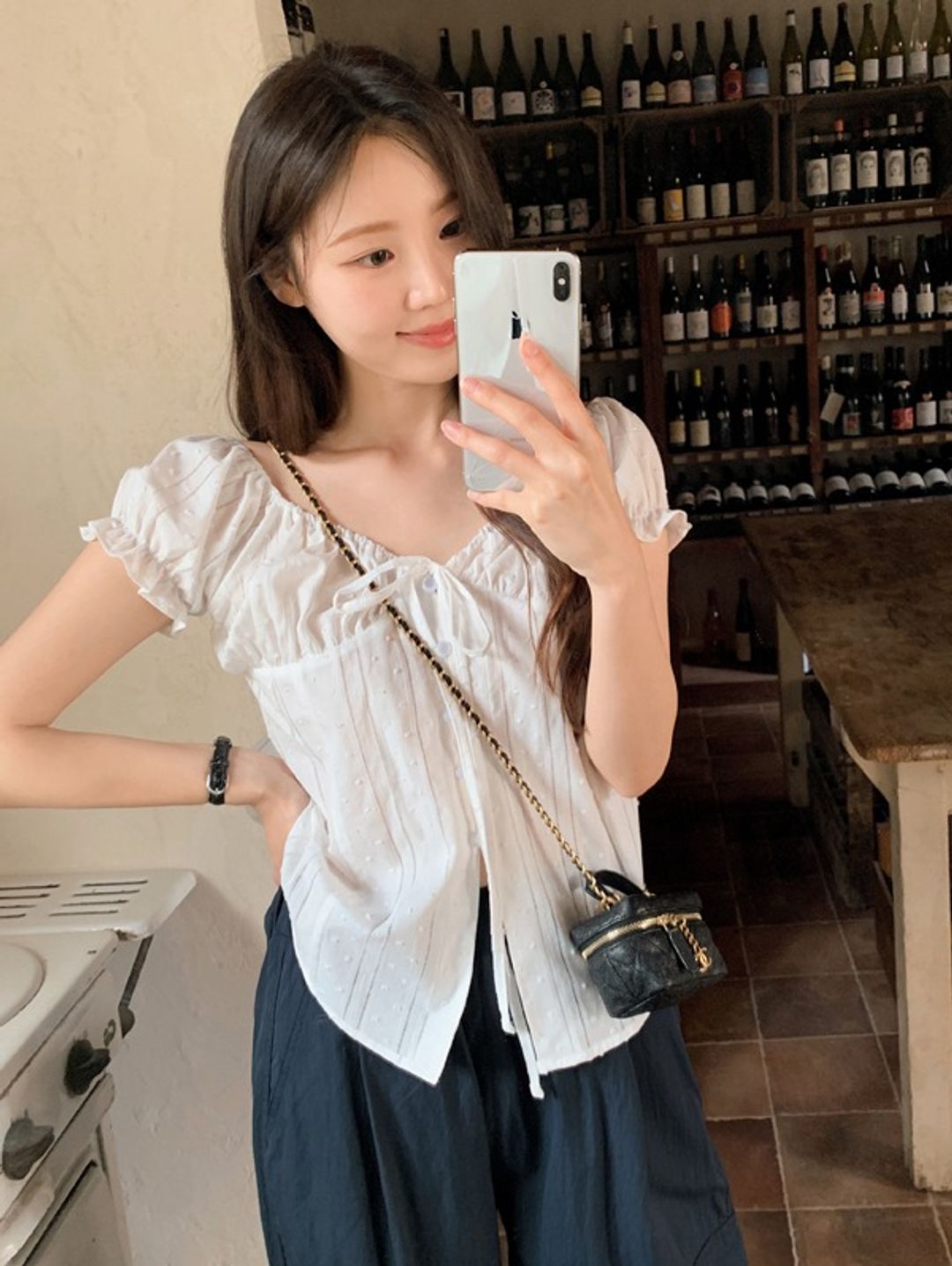 폼폼 리본 레이스 반팔 썸머 블라우스