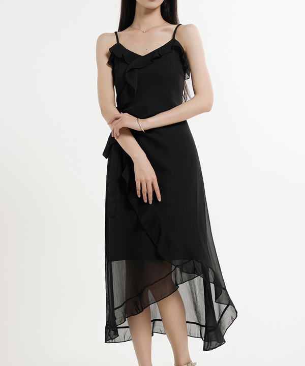 포앤바이앤 블랙 시스루 서스펜더 끈나시 스트랩 슬립 프릴 슬림핏 민소매 브이넥 드레이프 튤립 허리리본 A라인 미디원피스 은근섹시 심플 베이직 뷔스티에 우아 청순 여신