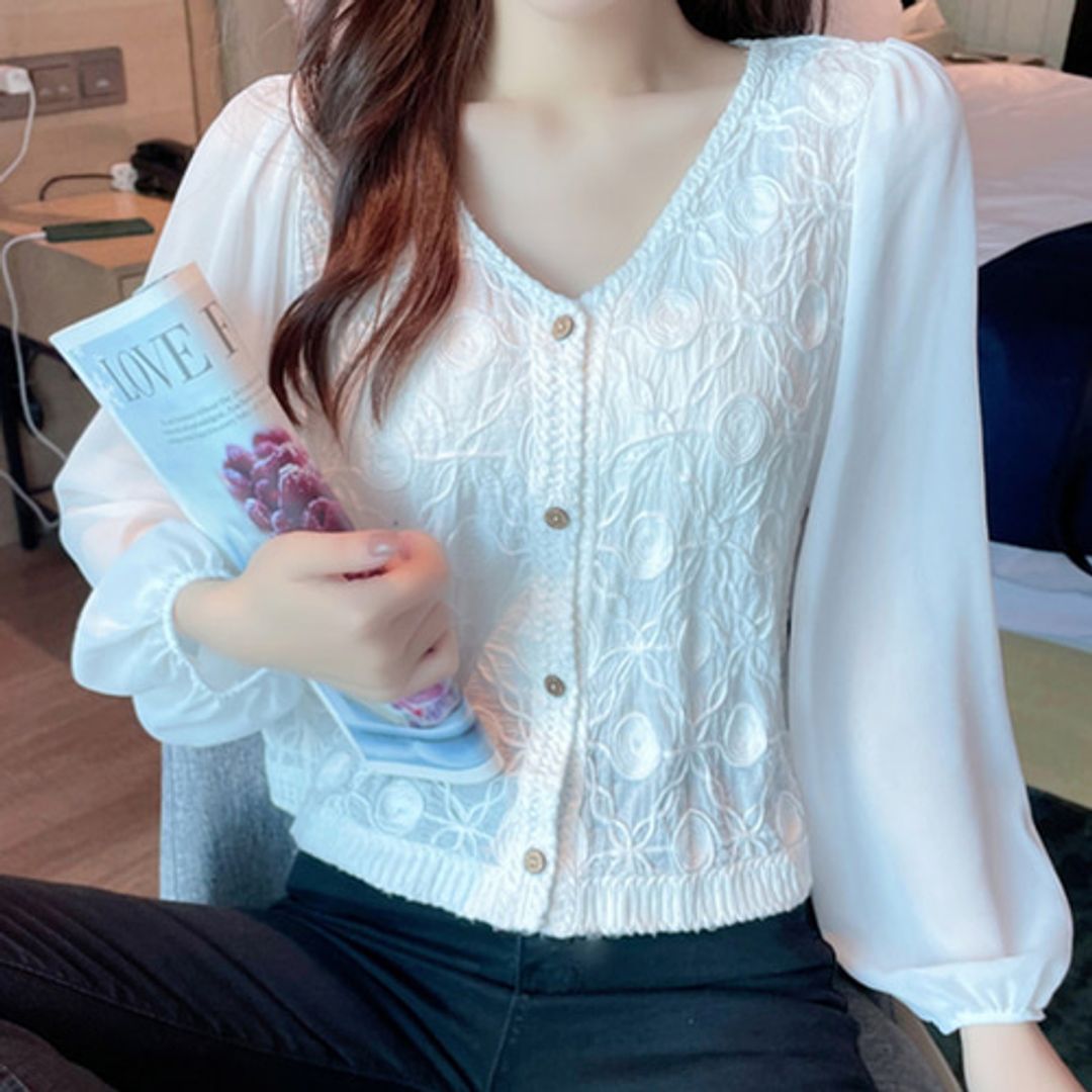 자수 레이스 쉬폰 시스루 세미 크롭 블라우스 화이트 봄 여름 데일리 오피스 러블리