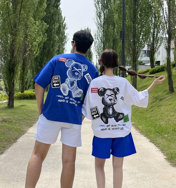 엄라이브 4컬러 세트가능색감깡패 남녀공용 고퀄리티 패치 곰돌이 오버핏 박스티 반팔 초특가 와샤 반바지 네온 형광 여름 휴양지 휴가룩 스트릿 커플룩 시밀러룩 꾸안꾸 데일리룩