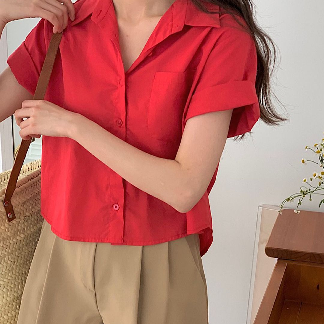 크롭 포켓 카라 블라우스 짧은 캐주얼 예쁜 여행룩 빨강 파랑 흰색 편한 여름 반팔 셔츠