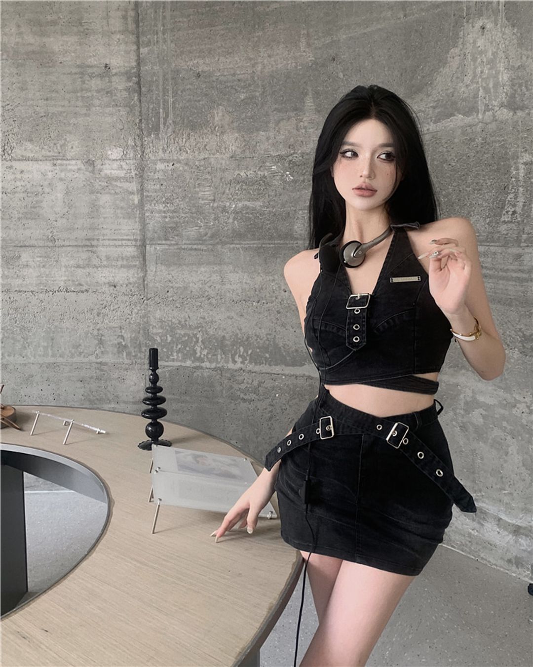섹시 핫 걸 투피스 민소매 데님 크롭 캐미솔레트로 미니 스커트 클럽룩 파티룩 여행룩 바캉스룩 촬영룩