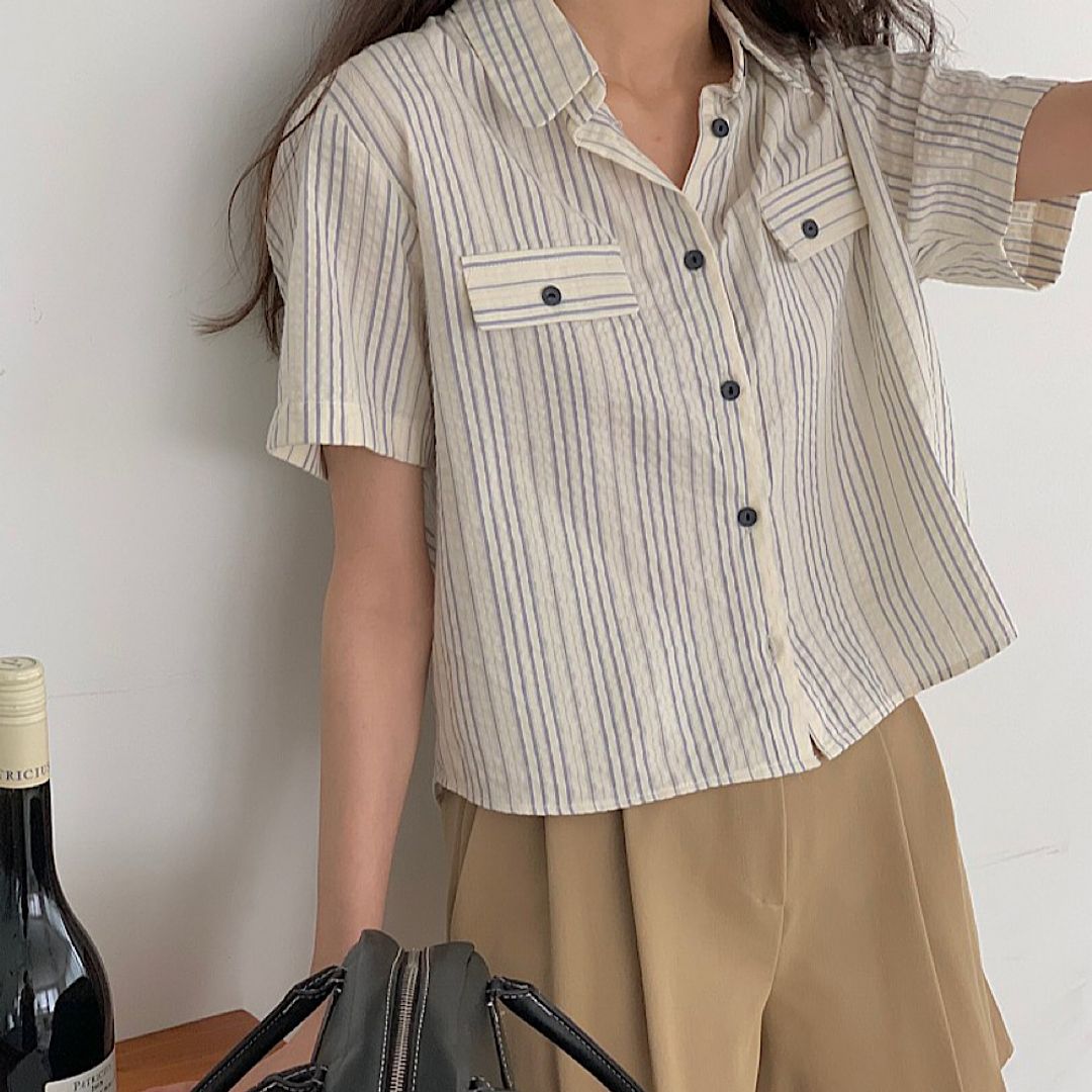 여름 카라 이너 줄무늬 스트라이프 포켓 캐주얼 여행 편한 면 핑크 소라 블라우스 셔츠
