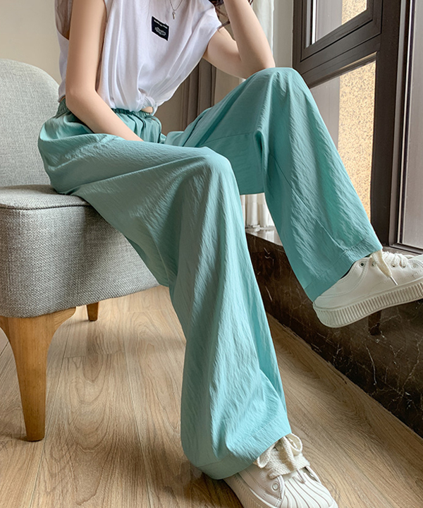 썸머 쿨 팬츠 하이웨스트 허리밴딩 스트링 스트레이트 솔리드 와이드 트레이닝 팬츠 여름 시원한 얇은 바스락 츄리닝바지 기본