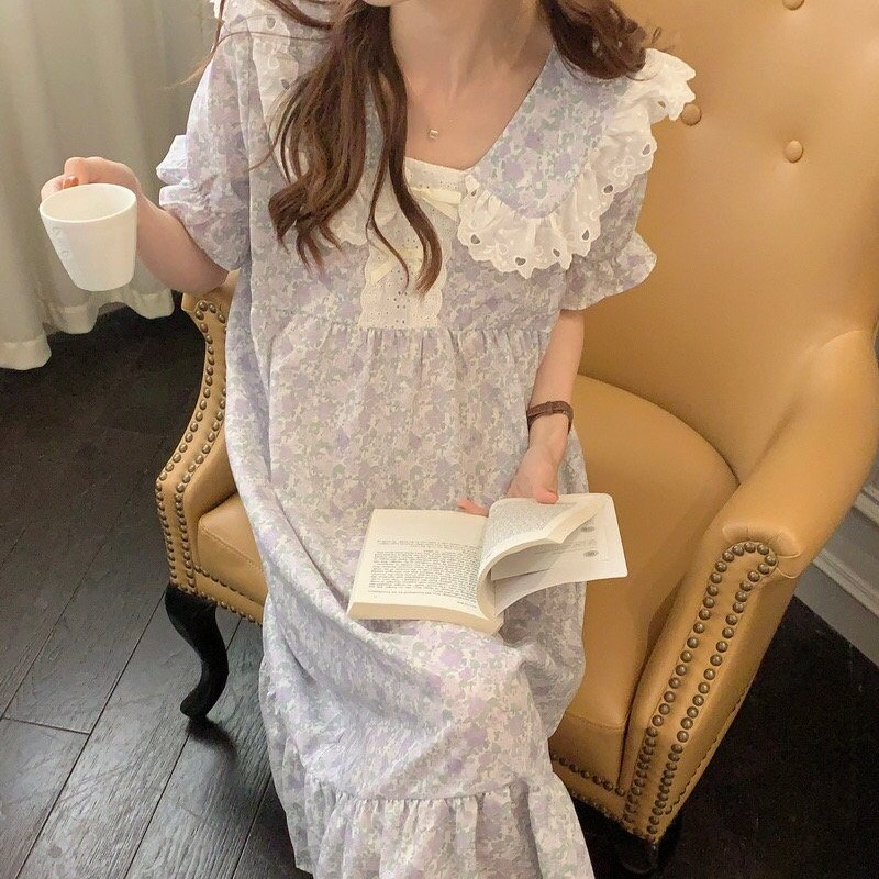 [2color 상하세트 원피스] 로코 플라워 수채화 잠옷 원피스 러블리 홈웨어 파자마 휴양지룩 우정 친구 선물 여행잠옷 반팔