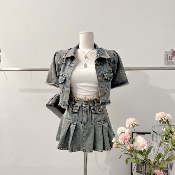 자켓스커트set하이틴 여름 데이브 데미지 컷팅 포켓 데님 청 크롭 숏 자켓 A라인 플레어 테니스 주름 캉캉 미니 스커트 투피스 세트