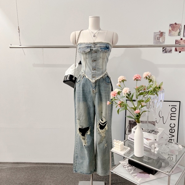 이프유마인 탑팬츠set하이틴 가을 힙 스트릿 Y2k 아이브 워싱 데님 청 오프숄더 튜브탑 탱크탑 크롭 나시 데미지 찢청 구제 와이드 팬츠 투피스 세트