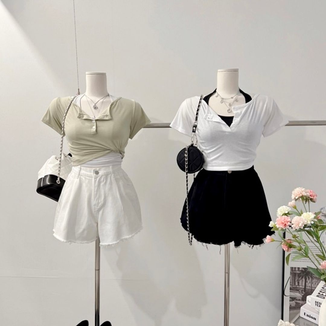 S~l까지허리잘록 여름 베이직 코튼 핀턱 데미지 밑단 데끼 컷팅 하이웨스트 훌 A라인 플레어 와이드 반바지 숏팬츠