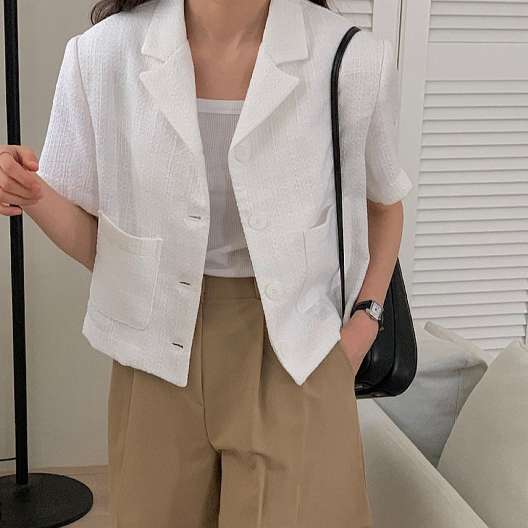 여자 여름 트위드 짧은 크롭 숏 포켓 직장인 루즈핏 반팔 카라 검정 흰색 아우터 자켓
