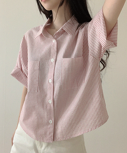 투게더위드미 구김이 덜한👍 시원한 얇은 두께감 지지미 시어서커 카라 면 오버핏 스트라이프 여름 가을 반팔 와이셔츠 남방 핑크