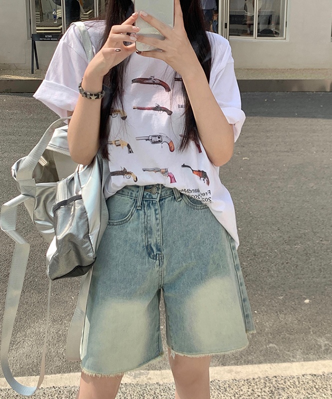 제이리본 하체커버 A라인 레트로 워싱 라이트데님 여름 5부 미디 하이웨이스트 와이드핏 밑단 헤짐 데미지 편한 청바지 반바지 연청 스트릿 데일리 루즈핏 반바지 편한청바지 일상