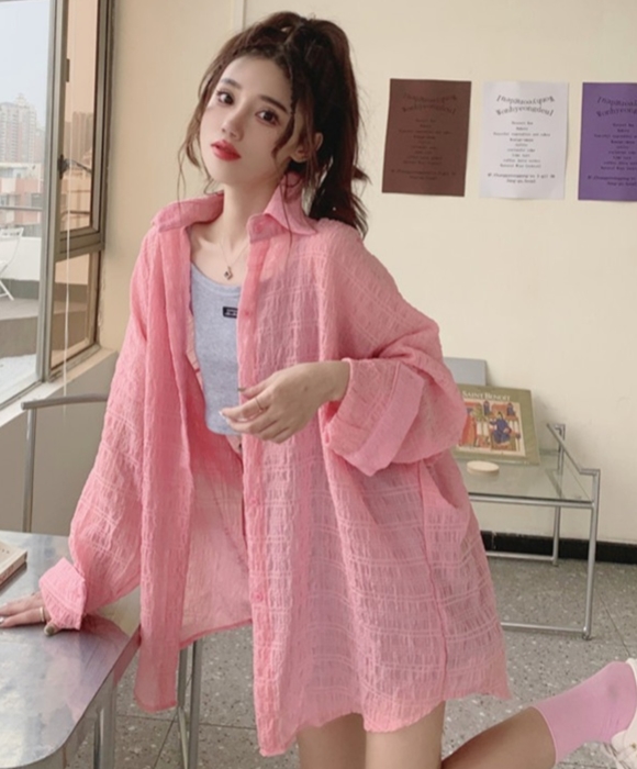 에이퍼플 여름 선스크린 걸치는 디자인 카라 블라우스 셔츠 걸치는 여름가디건 시원한 시스루 원단 얇은 가디건 주름잡힌 엠보원단