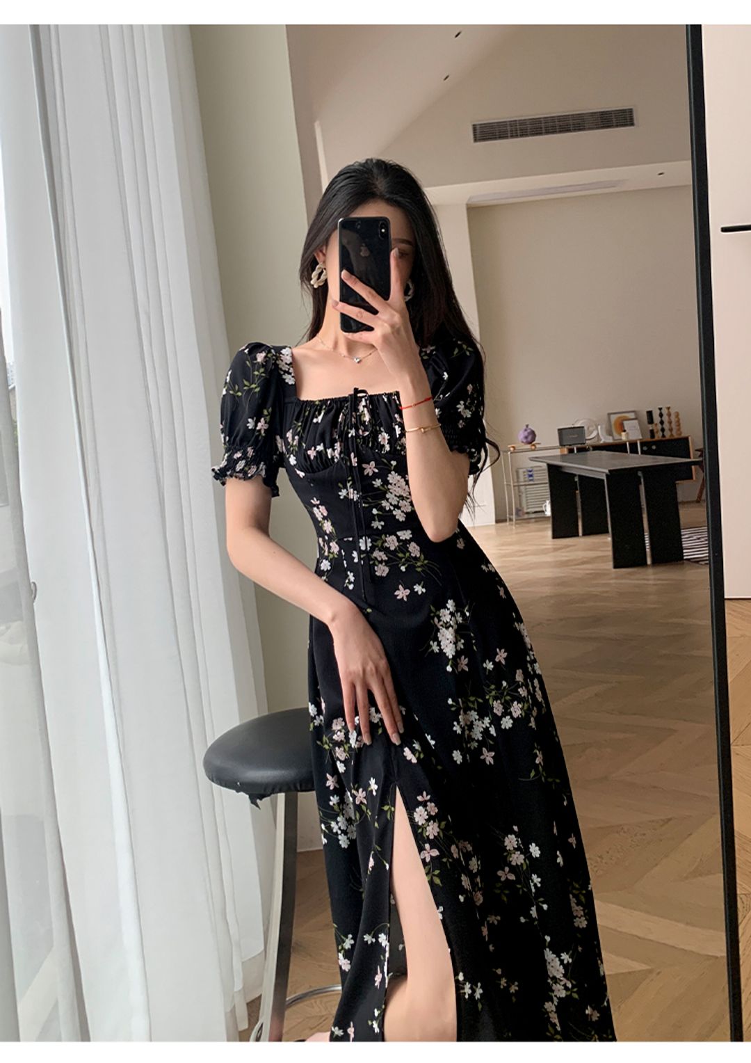 수입 꽃무늬원피스 꽃무늬패턴 꽃무늬드레스 플로랄드레스 여름원피스 트임원피스 블랙원피스 바캉스룩 데이트룩 페미닌룩 스퀘어넥