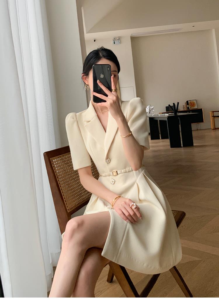 비비드루루 수입 벨트포함 A라인 정장원피스 정장드레스 오피스룩 데이트룩 고급스러운 반팔원피스 여름정장원피스 여름원피스