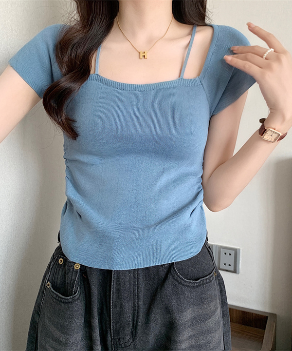 포앤바이앤 5colors 스트랩 반팔 니트탑 스퀘어넥 캡소매 슬림핏 사이드 스트링 솔리드 골지 단색 크롭 니트티 블랙 핑크 얇은 시원한 유니크 트렌디 입기편한 베이직