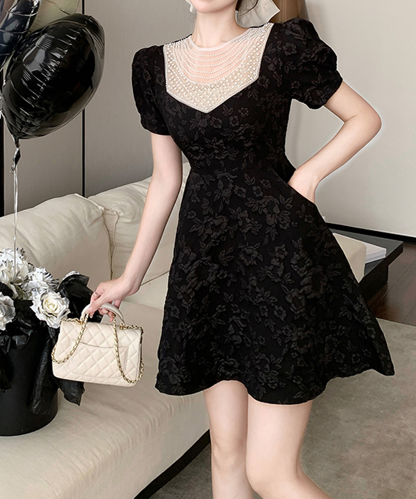 포앤바이앤 길이선택 가능 햅번 원피스 라운드넥 비즈 구슬 퍼프 볼륨 반팔 허리잘록 하이웨스트 플라워 자수 플레어 A라인 미니 미디원피스 로맨틱 사랑스러운 러블리