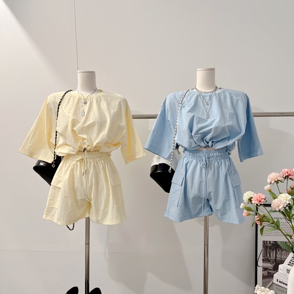 이프유마인 맨투맨반바지set꾸안꾸룩 여름 카르 나일론 와샤 바스락 오버핏 스트링 크롭 반팔 아노락 바람막이 맨투맨 밴딩 카고 포켓 반바지 숏팬츠 투피스 트레이닝