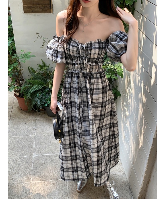 오프숄더 여성스러운 원숄더 끈 체크 여름 시원한 원피스 기장 긴 반팔 데일리룩 여성 캐주얼 원피스 깅엄 체크 원피스 여성 데일리 청순 소녀 귀여운