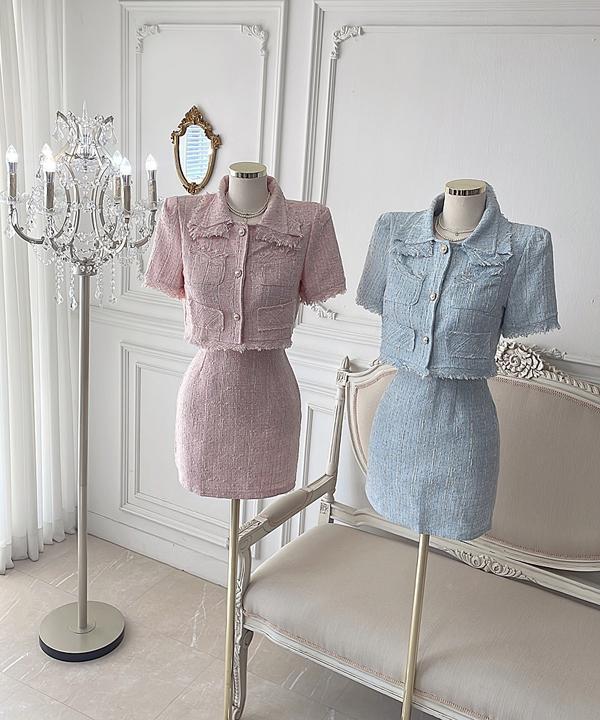 우아르 조디 트위드 미니 투피스 결혼식 데일리룩 하객룩 행사룩 데이트룩 예복 파티룩 브라이덜샤워 돌잔치원피스 크롭자켓 미니투피스 자켓원피스 트위드투피스 여름자켓 반팔트위드