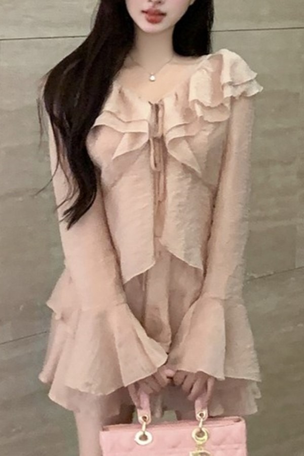 핑크프릴 Set 러블리 프릴 브이넥 긴팔 롱슬리브 블라우스 탑 케이크 프릴 미니 스커트 투피스 세트