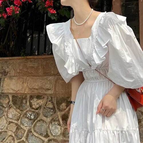 당일 뒷트임 프릴 퍼프 캉캉 롱원피스 화이트 리본 스퀘어넥 플레어 밴딩 여성 여자 인생사진 리조트