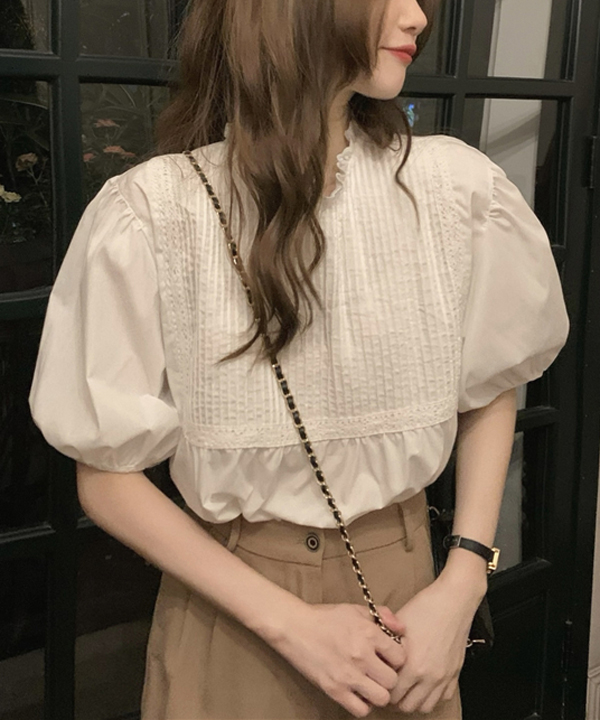 포앤바이앤 ★기본아이템 추천★ 공주 블라우스 프릴 레이스 라운드넥 로우숄더 퍼프숄더 볼륨소매 핀턱 루즈핏 반팔 화이트 블라우스 러블리 사랑스러운 귀여운 입기편한