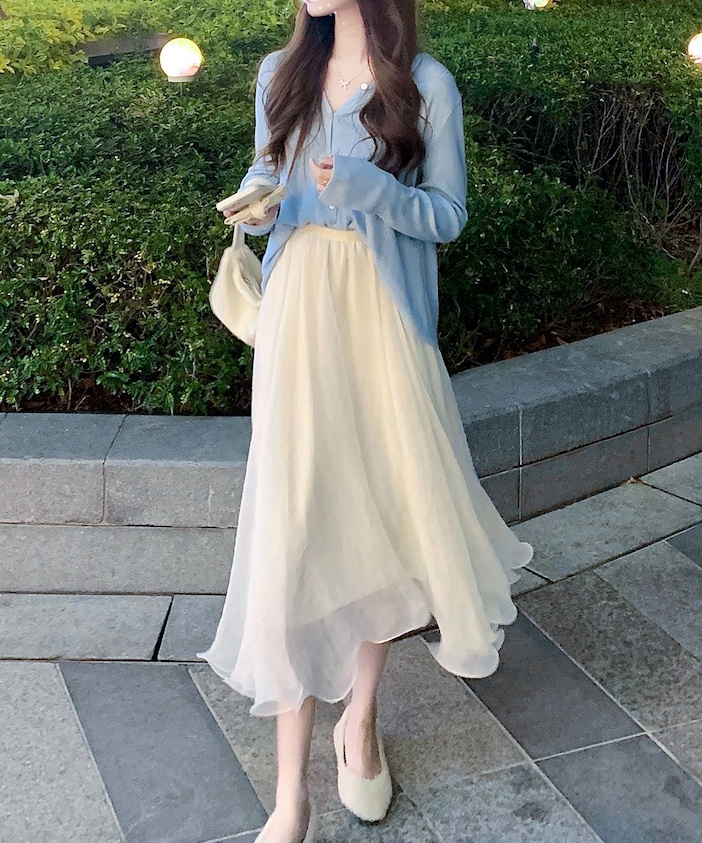 제이리본 샤랄라 여신 감성 플레어 메쉬 롱스커트 A라인 볼륨업 청순 여성스러운 스커트 샤스커트 프릴 거즈 밴딩 치마 공주치마 데이트 여친룩 소개팅룩 데일리룩 하객룩 차분한