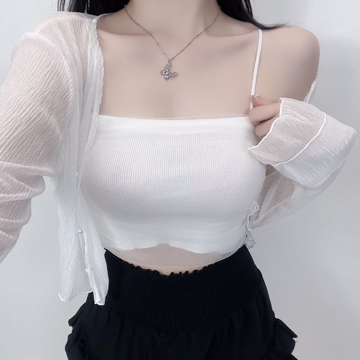 원트 [무료배송 ][나시+가디건SET/3col] 쉬폰 시스루 크롭 CROP 슬림 끈 나시 긴팔 진주 단추 버튼 가디건 세트 데일리 유니크 트렌디 페미닌 청순 여성스러운 존예 ...