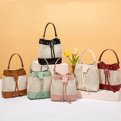 찐코디 K655 심플 베이직 콤비 배색 밀짚 왕골 라탄 라피아 비치 바캉스 가방 버킷백 복조리백 여름 빈티지 캐주얼 토트백 핸드백 네트백 데일리 미니 숄더백 크로스백