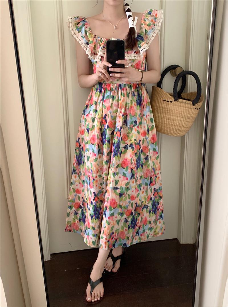 오프숄더 여름원피스 레이스 프릴 롱원피스 여성 반팔 꽃무늬 플라워 잔꽃 30대 40대 여자 레이디 프린트 복고 바캉스룩 리조트룩 여행 비치 휴양지옷 동남아 휴가 모임 루즈핏