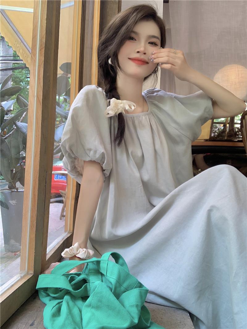 베이지하루 루즈핏 여름원피스 롱원피스 여성 반팔 셔링 주름 퍼프소매 봄 바캉스룩 리조트룩 여행 비치 휴양지옷 동남아 휴가 30대 40대 여자 레이디 데일리룩 심플 베이직