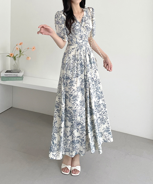 클래식블랑 국산고퀄 미쥬린 브이넥 플라워 여름 반팔 리본 랩 셔링 스판 플레어 롱원피스 휴양지룩 바캉스룩 비치룩 여행 신혼여행 허니문 여름휴가 하객룩 호캉스