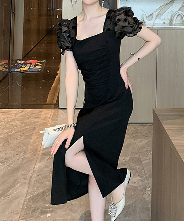 포앤바이앤 뽕소매 블랙원피스 슬림핏 롱 퍼프 볼륨 반팔 스퀘어넥 H라인 도트 셔링 옆트임 롱원피스 우아 단아 청순 공주 러블리 깔끔한 격식원피스 결혼식 하객룩 돌잔치