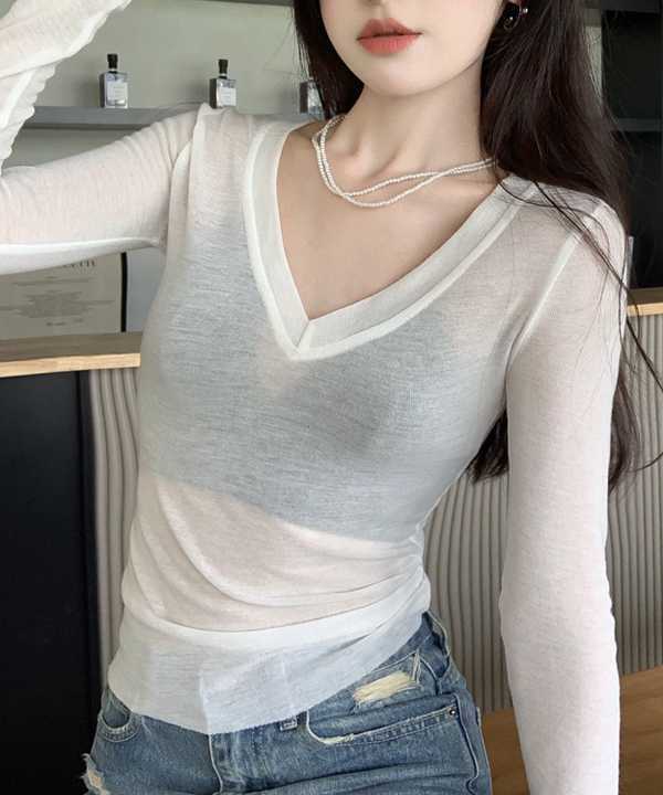 포앤바이앤 긴팔 여름 니트티 면 텐셀 딥 긴소매 브이넥 슬림핏 무지 솔리드 시스루 타이트 거즈 니트탑 여름 장마철 에어컨 체온조절 레이어드 얇은 가벼운 비치는 은근섹시