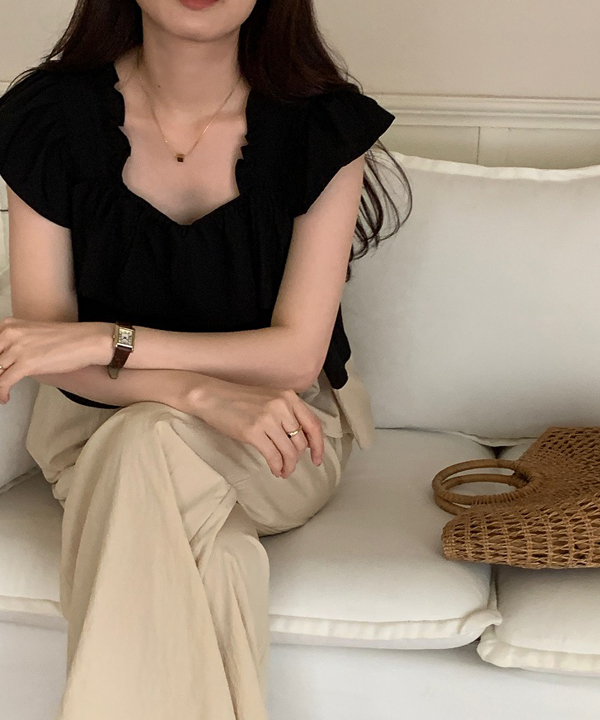 민소매 블라우스 팬츠 투피스 민소매 스퀘어넥 러플 여유핏 배색 블라우스 And 허리밴딩 일자 와이드핏 롱팬츠 바지 세트 캐주얼 깔끔한 사무실 오피스 출근룩 등하원룩 맘룩